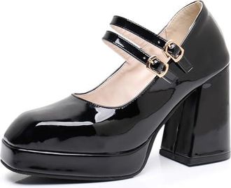 Generic MiaZane Escarpins Courts Gros Talon Bloc Double Boucle Bout Carr&eacute; Mary Jane Escarpins de Travail Chaussures de Trajet de Bureau pour Port Quotidien et