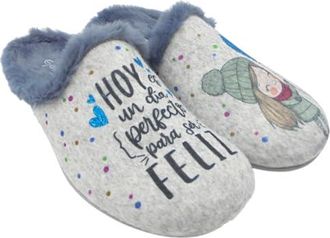 Garz&oacute;n 5027 Chaussons de maison pour femme - Tons gris avec paillettes bleues, phrase &laquo; Hoy es un d&iacute;a parfait para ser Feliz &raquo;, douces et chaudes pour femme,