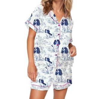 Generic Ensemble de pyjama 2 pièces pour femme, ensemble de pyjama boutonné en satin, short à manches courtes, motif animaux, 1 / Ensembles, XXL