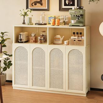 Generic Vintage-Sideboard aus Rattan mit gew&ouml;lbten Schrankt&uuml;ren Offene Regalb&ouml;den + geschlossene Stauf&auml;cher Teeschrank for zu Hause und Aufbewahrungsm&ouml;bel for