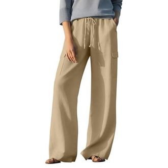 Generic Pantalon cargo en coton et lin pour femme - Pantalon d&eacute;contract&eacute; taille haute avec cordon de serrage et poches lat&eacute;rales, respirant, l&eacute;ger, coupe ampl