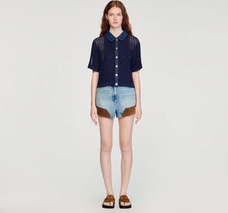 Sandro Cardigan en maille crochet et denim
