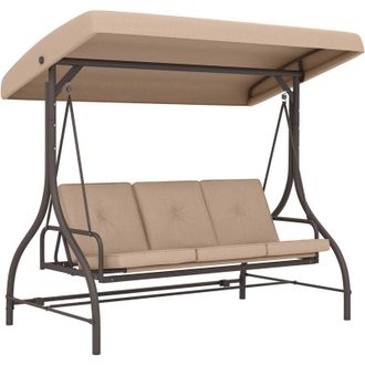 OUTSUNNY Balancelle de jardin convertible 3 places avec coussins m&eacute;tal polyester kaki