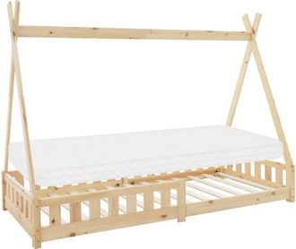 ML Design Ml-design - Kinderbett Tipi 90x200 cm Natur mit Matratze H:10cm, Rausfallschutz & Lattenrost, Kiefernholz, Indianer Bett für Mädchen & Jungen