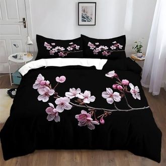 Generic Rose Fleur De Cerisier Noir Parure de Lit 140x200 cm Noir Housse de Couette Imprimé Microfibre Confortable Ensemble de Literie avec Fermeture Éclair e
