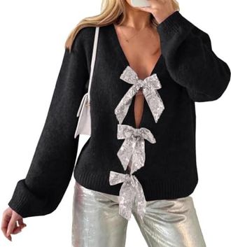 Generic Cardigan pour femme avec noeud &agrave; paillettes, manteau tricot&eacute; ouvert sur le devant, manches longues, col en V, m&eacute;lange de coton, Noir, XXL