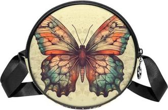 Generic Sac &agrave; bandouli&egrave;re rond pour femme, motif papillon vintage, petit sac &agrave; bandouli&egrave;re avec fermeture &eacute;clair, bretelles r&eacute;glables, sac &agrave; main rond d&eacute;contr