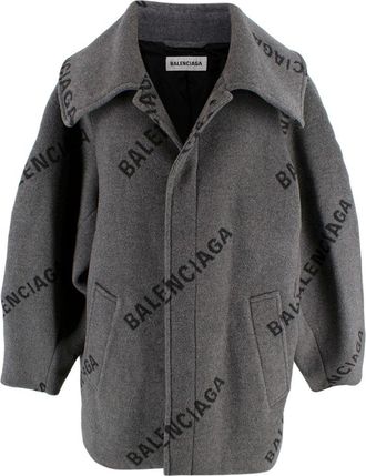Balenciaga Grey Logo Jacquard Oversized Cashmere Coat Size XXS