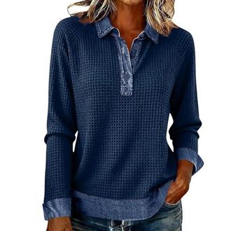 Generic Chemises &agrave; manches longues pour femmes, col &agrave; revers en denim, patchwork, sweat-shirt ample, haut de couleur, tenue pull en jean pour femme, noir fonc