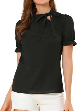Allegra K Damen Sommer Elegant Bluse 50er Jahre mit Schleife Schluppenbluse Festliche Blusen Kurzarm Panel Fliege Hals R&uuml;schen Top Schwarz XS
