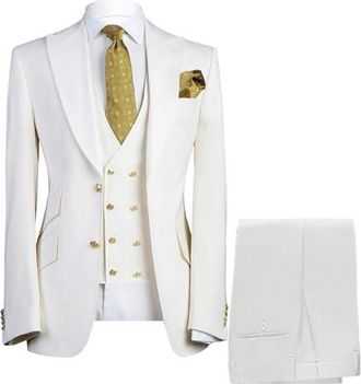 Generic Costume 3 pi&egrave;ces &agrave; double boutonnage pour homme - Veste et pantalon - Revers en pointe - Pour mariage, bal de fin dann&eacute;e, blanc, 3XL