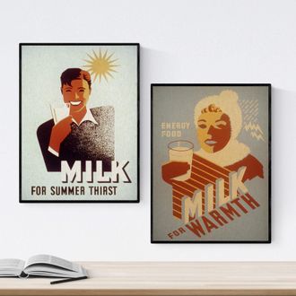 Nacnic Poster Jahrgang. Alte Plakate mit Anzeigen. Zwei Vintage-Poster Milch. A3 Größe