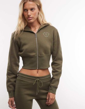 True Religion hoodie court zipp&eacute; &agrave; clous coordonn&eacute; en vert fonc&eacute;-Noir