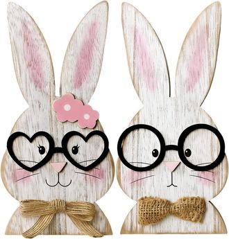 Generic Easter Table Sign - Bunny Easter Signs, 2 Pieces Wooden Bunny Home Decor, Table Centerpiece Signs | for Kitchen Living Room Workplace Shelf Mantel Ent