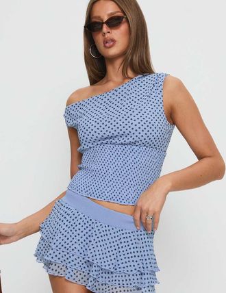 Princess Polly Ready To Party - Top densemble &agrave; pois avec &eacute;paules asym&eacute;triques et taille fronc&eacute;e - Bleu