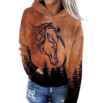 Generic Pull &agrave; capuche ample et chaud &agrave; manches longues pour femme Motif cheval et imprim&eacute;, Orange, S