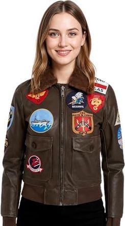Infinity Leather Femme Marron Air Force A2 Flight en cuir à col en peau de mouton Blouson Bombardier