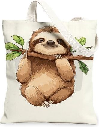 Generic Sac fourre-tout en toile motif paresseux - R&eacute;utilisables - Respectueux de lenvironnement - L&eacute;gers et lavables - Pour les voyages, blanc, 13x15 Inch