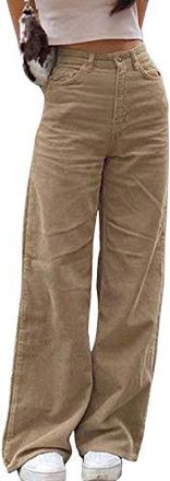 Minetom Femmes Velours Côtelé Pantalons Taille Haute Rétro Élastique Ample Long Pantalon Large avec Poches B Kaki Clair M