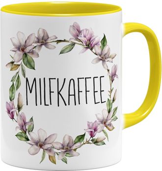 OM3 witzige Milfkaffee Milf Kaffee-Tasse mit Spruch - blumig Blümchen - Keramik Becher - 325ml - Beidseitig Bedruckt - Gelb