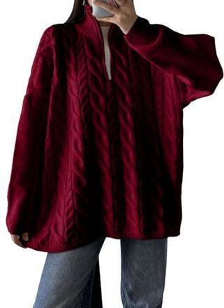 Generic Pull pour femme automne hiver 2025 avec fermeture éclair quart de col en V et tricot torsadé à manches longues, rouge vin, XL