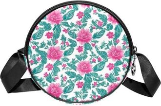 Generic Sac &agrave; bandouli&egrave;re rond pour femme, motif feuilles color&eacute;es, petit sac &agrave; bandouli&egrave;re avec fermeture &eacute;clair, bretelles r&eacute;glables, sac &agrave; main rond d&eacute;cont