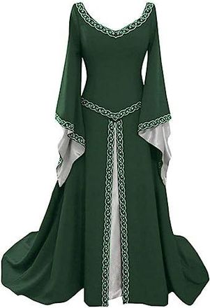 Onsoyours Femmes Robe Medievale Manches Longues Lacets Vintage Halloween Costume avec Manche Flare Gothique Robe C Vert S