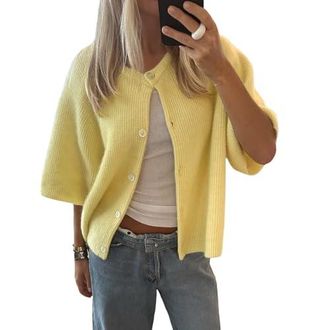 Generic Y2k Cardigan court en tricot &agrave; manches courtes boutonn&eacute; en tricot c&ocirc;tel&eacute; de couleur unie pour femme, jaune, XL