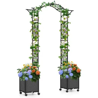 Costway Arche de Jardin 208 CM avec 2 Bacs Jardini&egrave;re et Treillis, Pergola Ext&eacute;rieur en M&eacute;tal Rev&ecirc;tu de PE Antirouille avec dAuto-Arrosage Roues, Gris