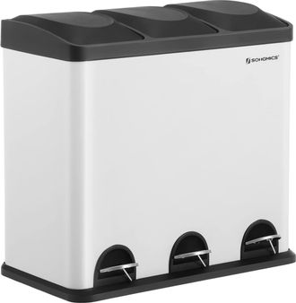 Songmics Mülleimer für die Küche, 54 Liter, Abfalleimer, Treteimer mit 3 Fächern, Inneneimern und 6 Aufklebern für Mülltrennung, Mülltrennsystem, Legierter Sta