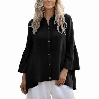 Generic Chemise en lin pour femme - &Eacute;t&eacute; - Manches longues - &Eacute;l&eacute;gant - En lin - Avec boutons - Chemisier en mousseline confortable - Manches trompettes - Chemi