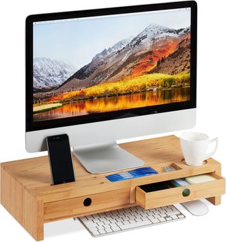Relaxdays Monitorständer, aus Bambus, Bildschirmerhöhung mit 2 Schubladen & Ablagen, Schreibtisch, HBT 12x56x27cm, Natur