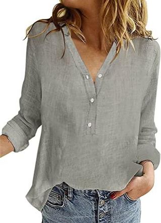Onsoyours Chemisier Femme Manches Longues Décontracté Chic Vintage Coton et Lin Baggy Tops Casual Oversize Manche Longue Col en V Chemisie Z1 Gris XXL