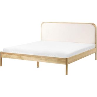 Beliani Lit Double Minimaliste en Bois de Pin 160 x 200 cm avec Sommier à Lattes et Tête de Lit Rembourrée Marron Clair Dosches