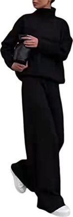 Minetom Femmes Jogging Yoga Survêtement Manches Longues Tricoté Chandail Pullover Col Roulé Top et Pantalon Ensemble Sportwear 2pcs A Noir XL