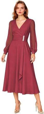 Generic Robe de mère de la mariée à manches longues en mousseline de soie plissée avec col en V pour invitée de mariage, Rose désert, 58 Grande taille