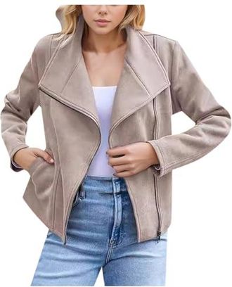 Generico Veste de moto courte dautomne et dhiver pour femme avec doublure polaire en daim aspect cuir, beige, XL