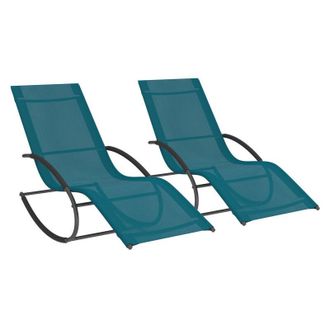 IDMarket Lot de 2 chaises longues - transat de jardin &agrave; bascule MALAWI gris anthracite et toile bleu canard