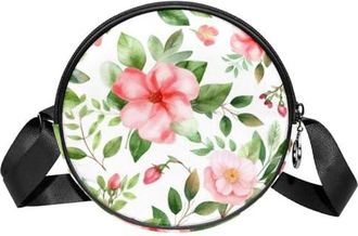 Generic Petit sac &agrave; bandouli&egrave;re circulaire pour femme, motif feuilles florales, sac &agrave; dos avec fermeture &eacute;clair, bretelles r&eacute;glables, sac &agrave; main rond d&eacute;contra