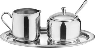 Butlers Milch- und Zucker-Set RITZ - Milchkännchen und Zuckerdose mit Löffel und Deckel auf Tablett - 5-tlg. Set aus Edelstahl, spülmaschinengeeignet