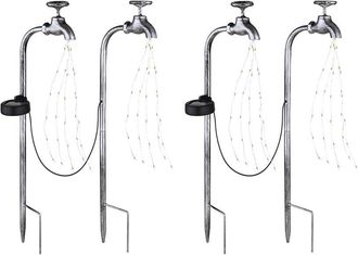 Globo Lighting Solar Wasserhahn Deko Garten Wasserhahn mit Licht Au&szlig;en Solar Gartenstecker f&uuml;r Au&szlig;en, Metall silber, 60x LED warmwei&szlig;, LxBxH 13x4,5x53 cm, 4er Set