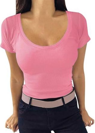 Generico T-shirt pour femme à manches courtes ajusté, t-shirt basique et élégant avec col rond, chemise sexy élastique en jersey pour lété décontracté, Rosé, M