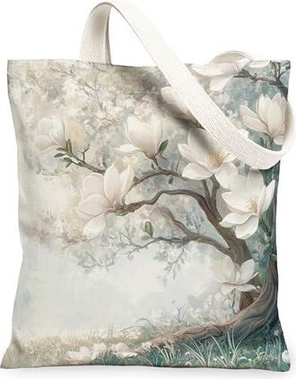 Generic Sac fourre-tout en toile motif magnolias printaniers pour le shopping, 33 x 38 cm, sac d&eacute;picerie r&eacute;utilisable pour femme, motif floral, d&eacute;coration cad