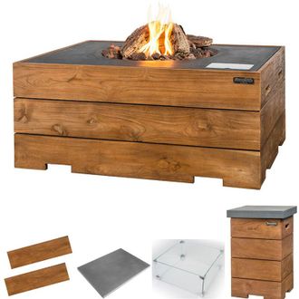 Happy Cocooning Mania Feuertisch Komplettset 19,5 kW rechteckig 107x80x46 cm Teakholz/grau - Happy Cocooning
