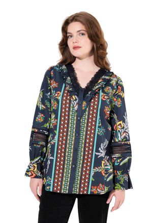 Ulla Popken Damen gro&szlig;e Gr&ouml;&szlig;en &Uuml;bergr&ouml;&szlig;en Plus Size Bluse, Spitze, R&uuml;schen, V-Ausschnitt, Langarm Marine 50+ 822507130-50+