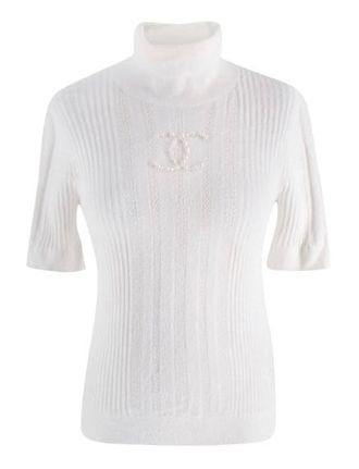 Chanel Faux Pearly and Crystal CC Short Sleeved Ribbed Knit Top Size XS