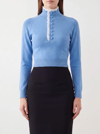 Chlo&eacute; Pull &agrave; col roul&eacute; court en laine coupe slim avec volants et broderies