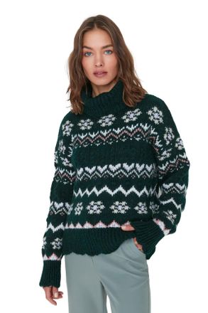 Trendyol Trendyol Damen Pullover mit Rundhalsausschnitt, Blumenmuster Sweatshirt, Smaragd, L