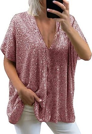 Generic T Shirt pour Femme Paillettes Manches Courtes Col en v Brillant Métallisé Glitter Grandes Tailles Sexy de Base À Paillettes Haut décontracté Brillante