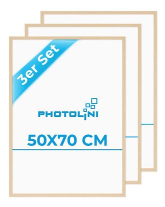 Photolini Bilderrahmen 50x70 Holz MDF Natur 3er Set, 50x70 cm Bilderrahmen gro&szlig;, Rahmen 70x50 Puzzle, bruchsicheres Acrylglas, picture frame zum Aufh&auml;ngen, Foto